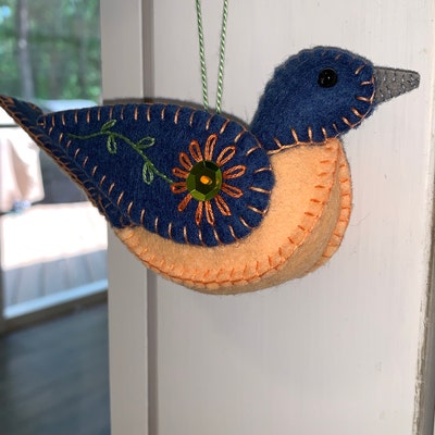 Embroidered Wool Felt Eastern Bluebird Ornament With Sequin and Bead ...