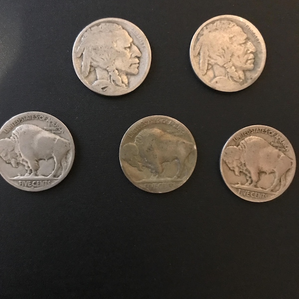 Lot of 5 Buffalo Nickels, Indian Head Nickels, Five Cent Piece, 1913 to ...
