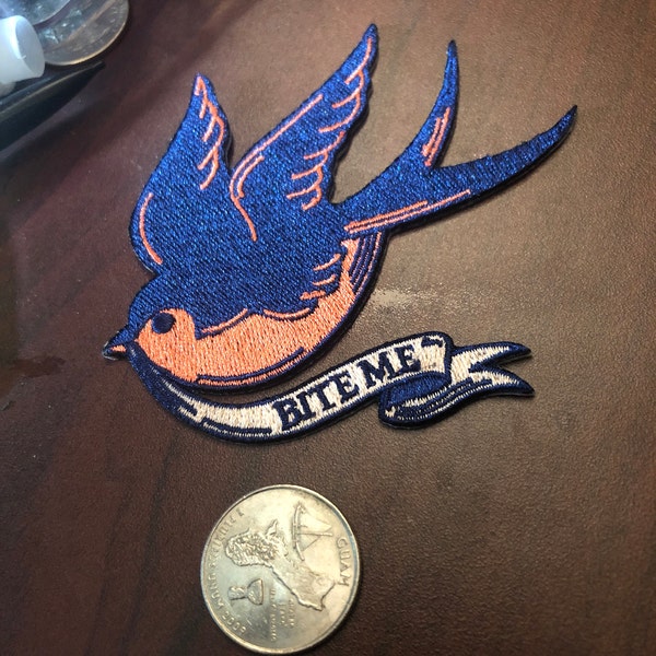 Bite Me Bird Iron on Patch // Round Patch // Swallow Patches// Iron on ...