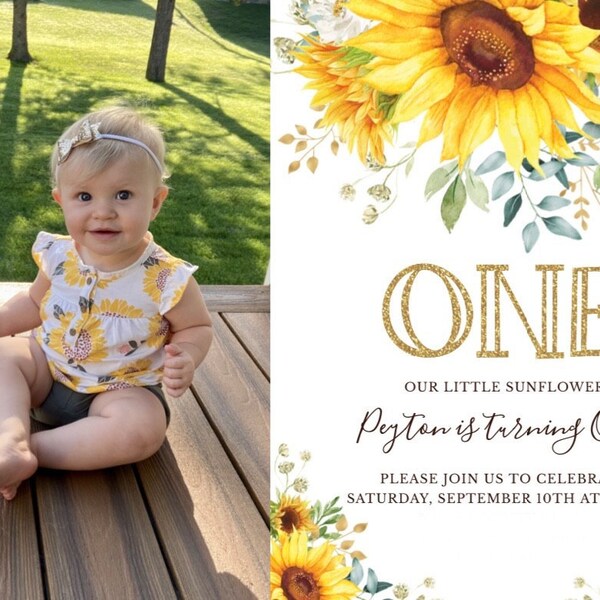 Summer Sunflowers 1st Birthday Invitation. Watercolor Garden Floral ...