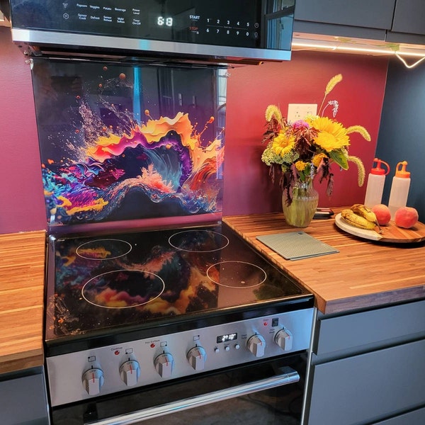 Blue Gold Marble Mixed Liquids Glass Splashback, Kitchen Stove ...