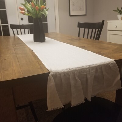 White Linen Table Runner, Ruffled Table Runner, Washed Linen Table ...