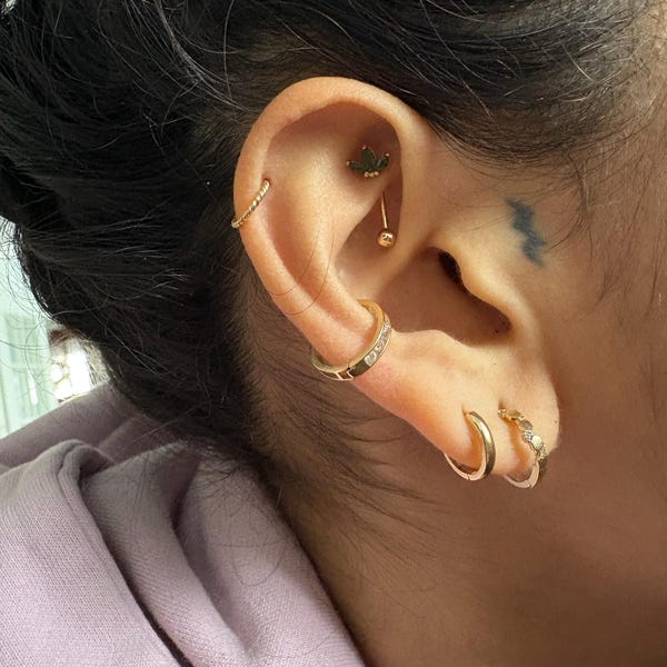 14K Solid Gold Moss Agate Rook Eyebrow Earring 3 Marquise Flower Curved ...