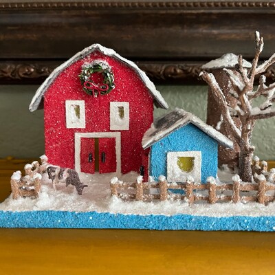 MINI Yellow and Green Putz House Glitter House Christmas Village Putz ...