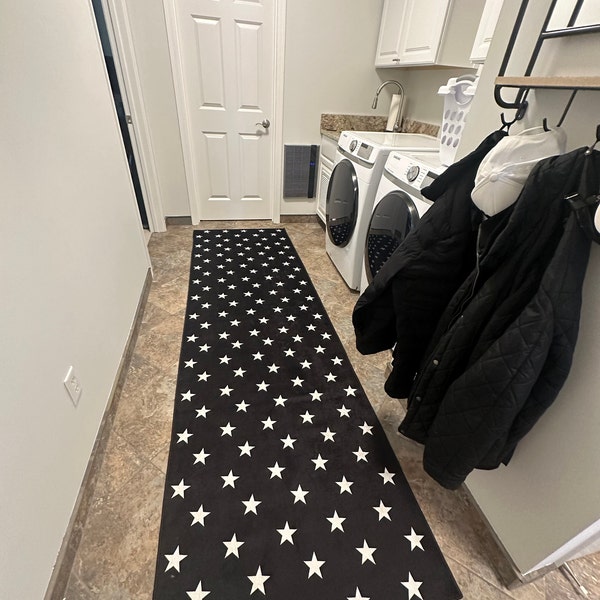 Star Pattern Black Rug, Chiristmas Rug, White Star Rug, Washable Rugs ...
