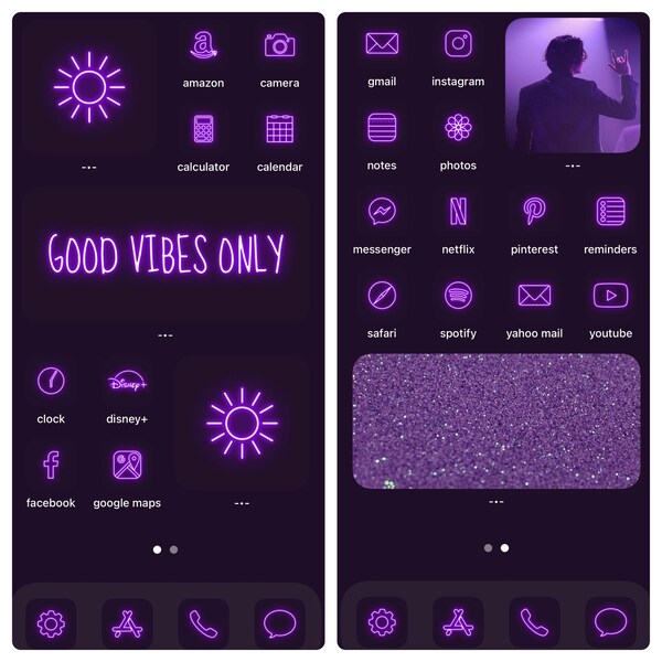 Purple Neon App Icons, Neon Aesthetic Ios 14 Icons, iPhone Icon Pack ...