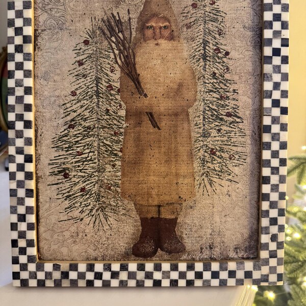 Handmade Vintage ART PRINT Primitive Merry Christmas Santa Distressed ...