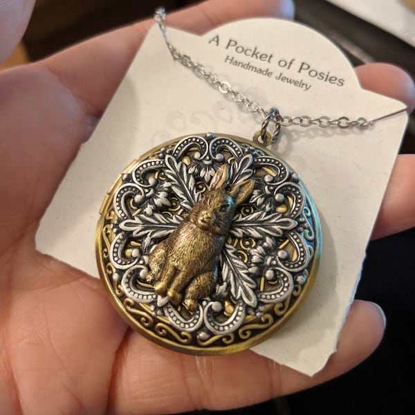Rabbit Pendant Large Round Brass Picture Locket Layering Necklace ...