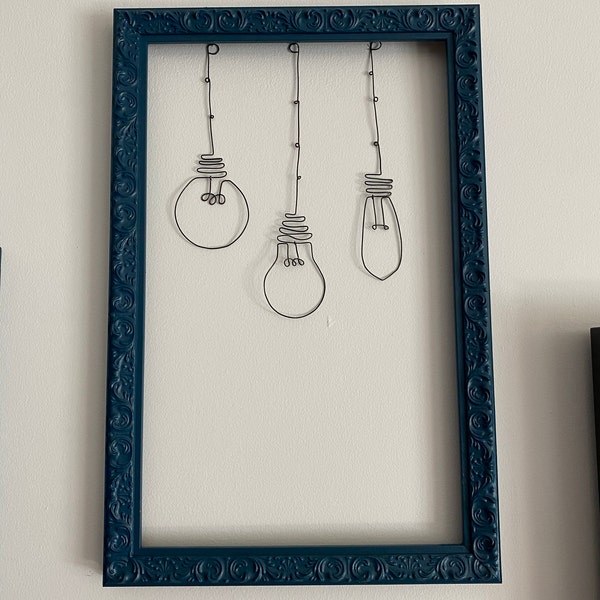 Wire Light Bulb Handmade Wall Art Metal Sculpture Decor Vintage Simple ...