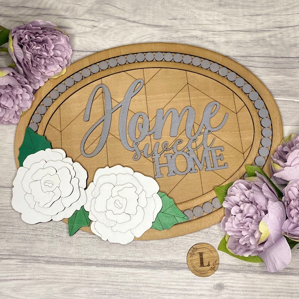 Beaded Frame Sign With 3D Layered Peonies - Home Sweet Home Text and ...