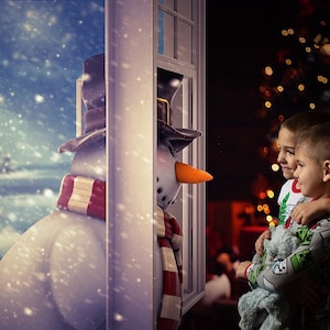 2 Snowman Looking Into Christmas Window Digital Photoshop Background ...