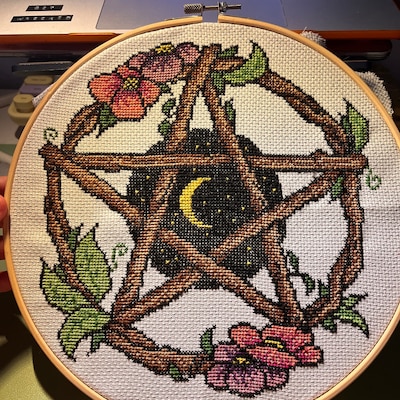 Moon Pentagram Cross Stitch Pattern, Gothic Embroidery, Night Sky Moon ...