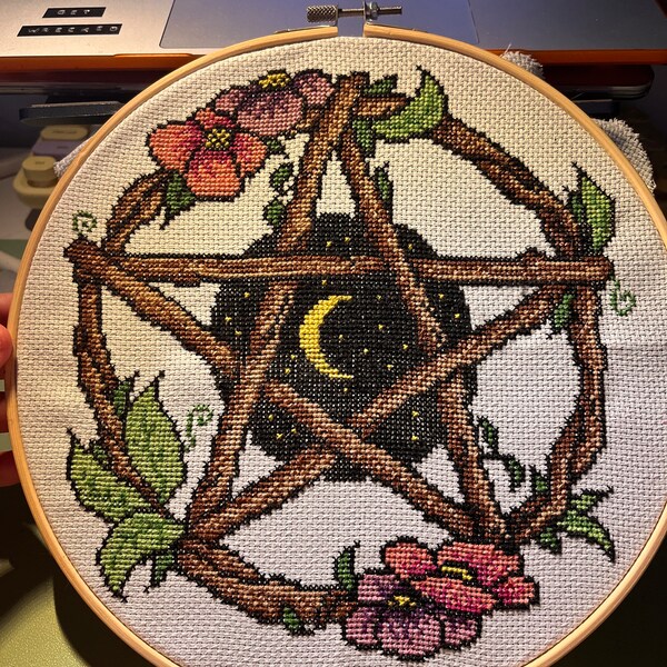 Moon Pentagram Cross Stitch Pattern, Gothic Embroidery, Night Sky Moon ...