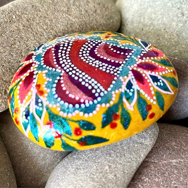 Golden Boho Floral / Painted Rocks/painted Stones/ Paperweights/ Boho ...