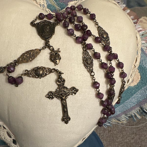 Jesus Mary Tween Hearts Rosary-peach Moonstone&vintage Bronze Prayer ...