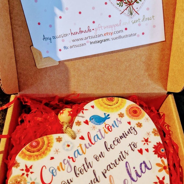 Beautiful Leaping Hare and Bluebird Illustrated Wooden Heart Hanger ...