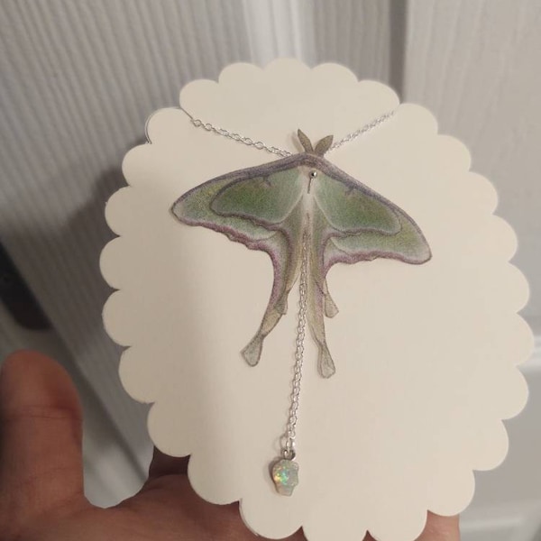 Luna Moth Necklace, Silver Opal Necklace, Silk Organza Luna Moth, Raw ...