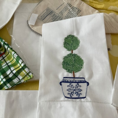 Chinoiserie Embroidery Double Topiary Tree Hamptons Pot Plant Machine ...