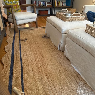 Jute Rug Blue Wavy Edge Jute Scallop Rug, Bohemian Jute Rug, Natural ...