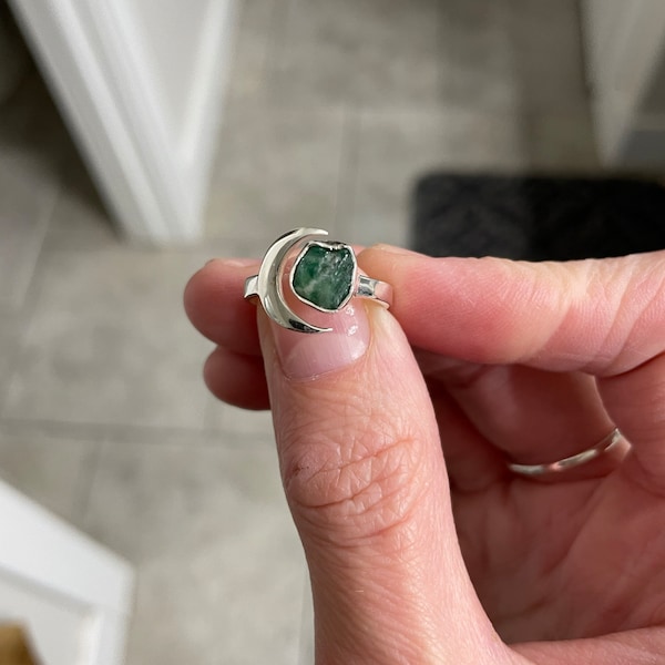 Natural Raw Emerald Ring, Sterling Silver Ring, Crescent Moon Ring ...