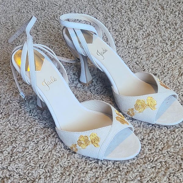White Wedding Sandals With Marigold Embroidery and Slim Curvy Heels ...