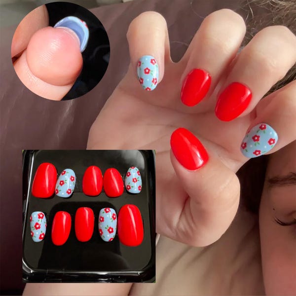 Retro Cherry Red Press on Nails | Floral Sky Blue Accent Nails | 70s ...
