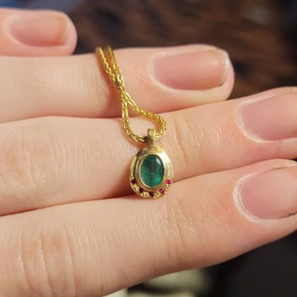 Green Emerald and Ruby Pendant, 18k Gold Emerald Necklace, Ruby and ...