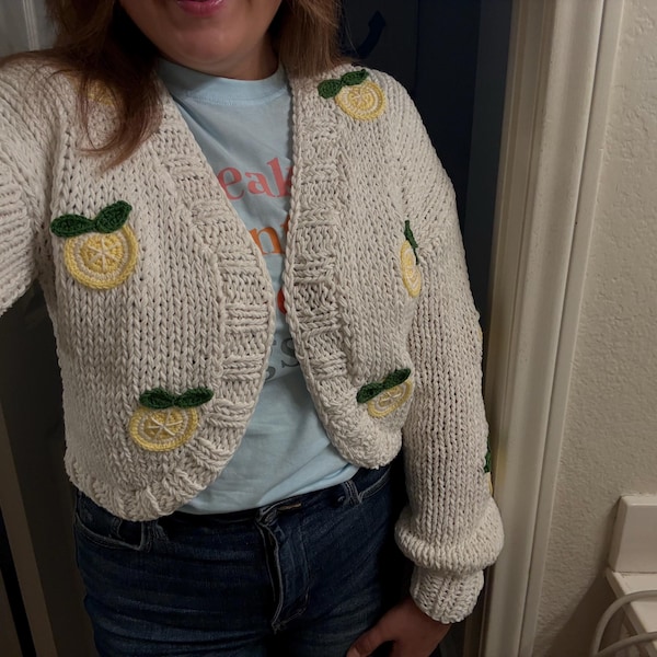 Lemon Embroidery Sweater, Woman Trendy Cardigan, Slice Oversized Crop ...