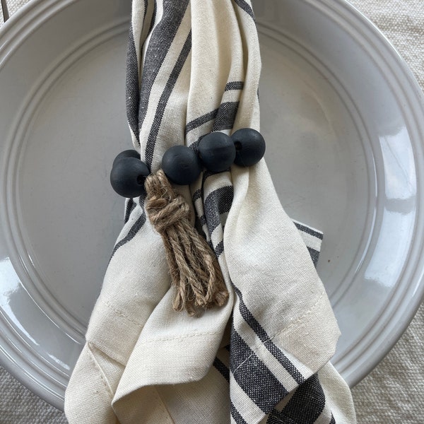 Wood Bead Napkin Ring With Jute Fringe, Farmhouse Napkin Ring, Rustic ...