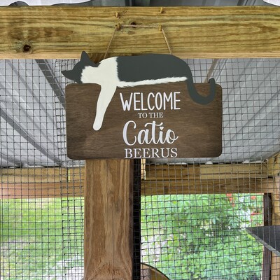 Welcome to the Catio Wood Sign, Cat Head Sign, Cat House Sign, Wood Cat ...
