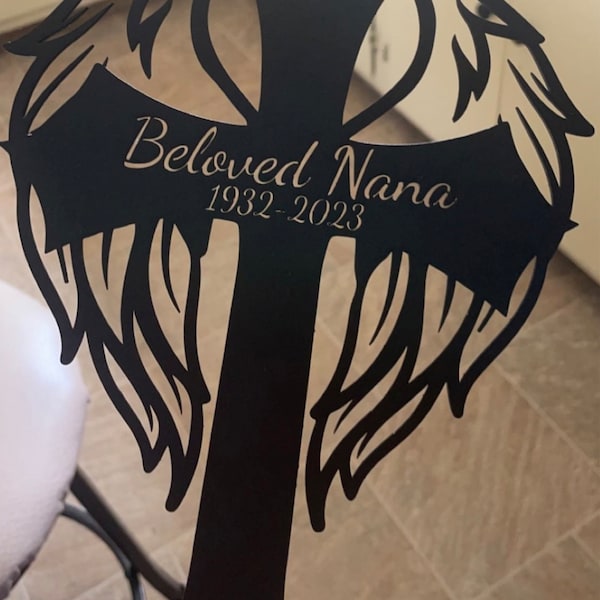 Custom Memorial Cross With Wings Metal Stake, Memorial Garden Decor ...