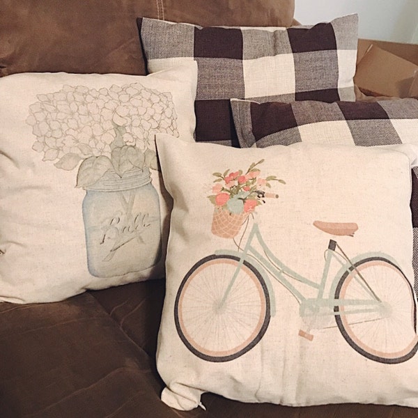 Linen Bicycle Pillow Cover – Aqua Floral Bike, Spring Decor - Etsy