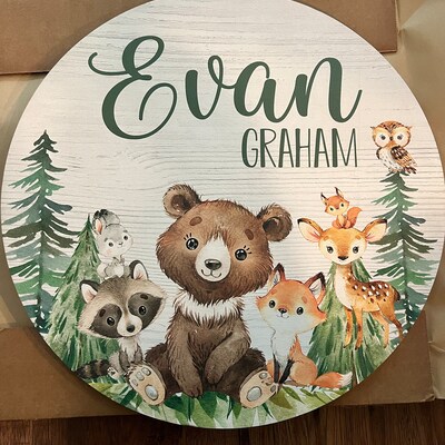 Woodland Animal Name Sign, Woodland Nursery Baby Sign, Round Wood Name ...