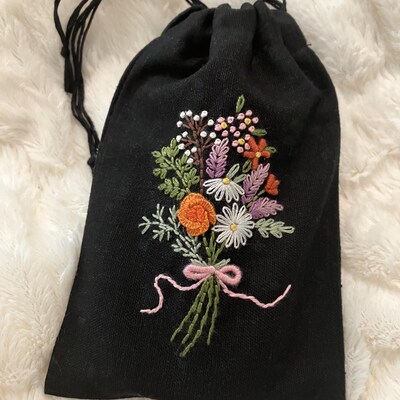 Flower Embroidery Drawstring Bag, Linen Gift Wrapping, Handmade ...