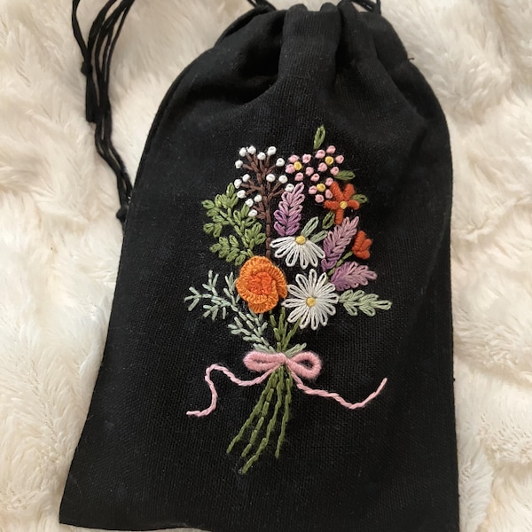 Flower Bouquet Embroidery Drawstring Bag, Linen Gift Wrapping, Handmade ...