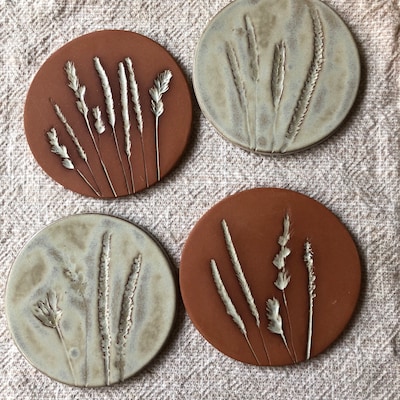 Denim Blue Round Clay Coaster Set Dried Wheat Ceramic Imprint - Etsy