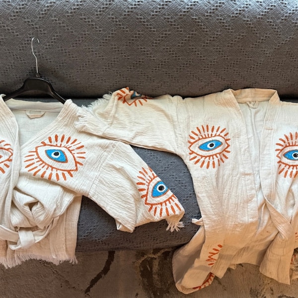 Turkish Cotton Green Evil Eye Kimono, Cardigan Robe, Evil Eye Ethnic ...