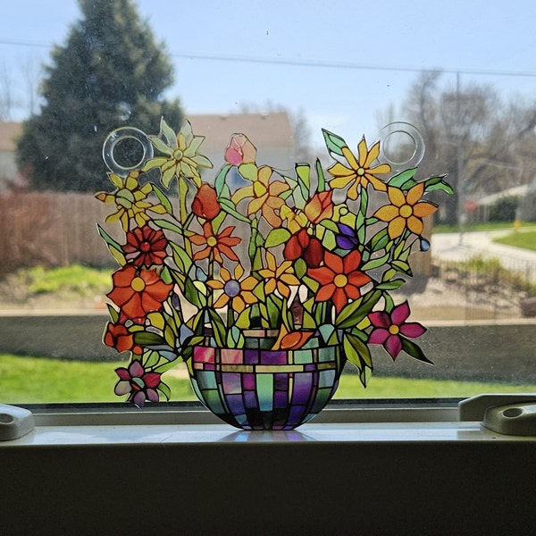 Acrylic Floral Window Hanging: Colorful Flower Pot Ornament - Etsy