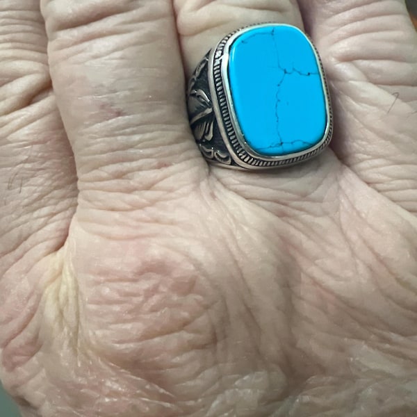 Handmade Turquoise Stone Men Ring - 925k Sterling Silver Ring - Oval ...