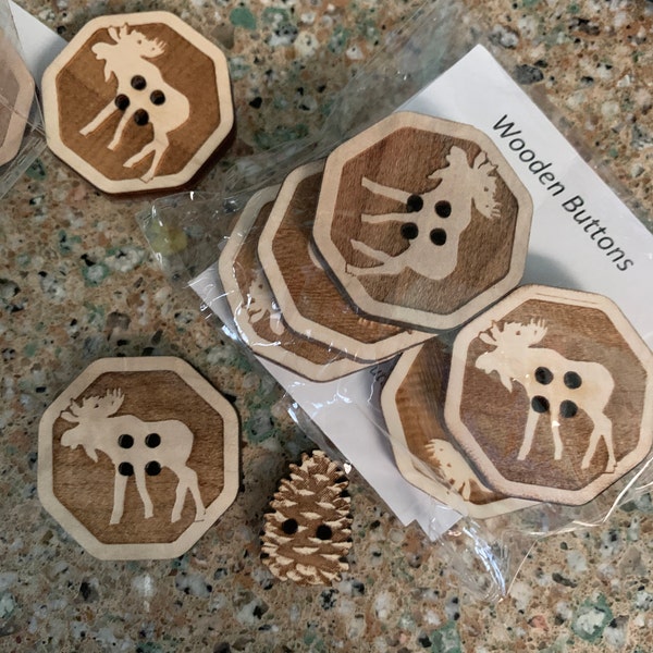 Moose Buttons 5 Pack. Octagon Button, Wooden, Laser Engraved, Package ...