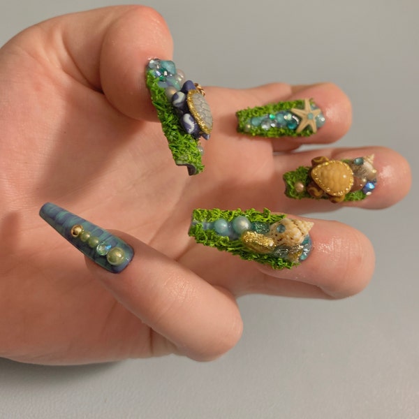 Moss Garden Press on Nails Moss 3D Flower 3D Butterfly Garden Press on ...