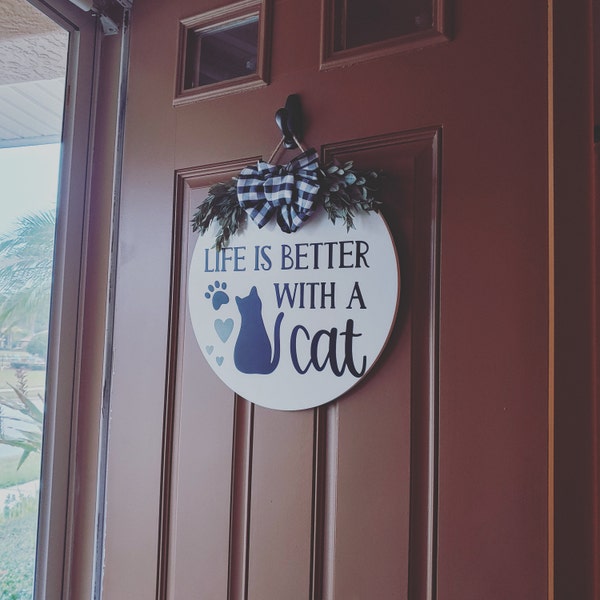 Front Door Decor Cat Welcome Sign Life is Better With a Cat Cat Wreath ...