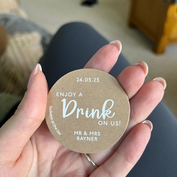 Personalised Drink Token for Wedding Guests, Round Recycled Bar Ticket ...