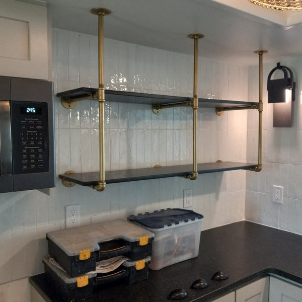 Shelving Industrial Pipe Wood Shelf, for Bar Kitchen Industrial Brass ...