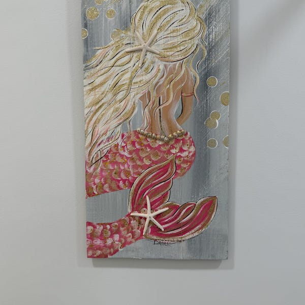 Horizontal Mermaid Original Painting on Wood in Navy and Aqua - Etsy