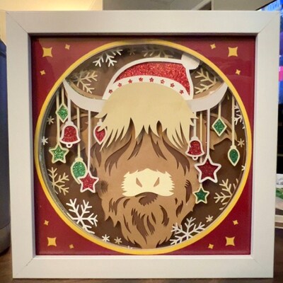 3D Highland Cow Shadow Box, Christmas Shadow Box SVG, Christmas Layered ...