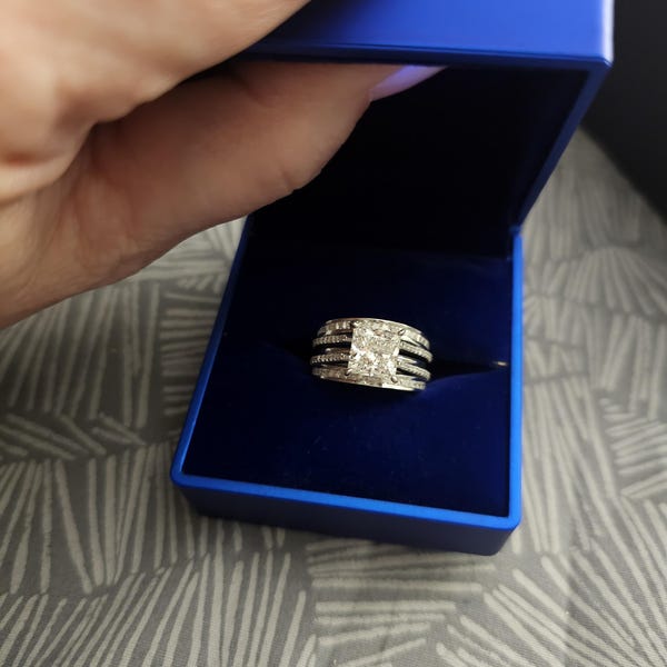 14K White Gold Aggie Wedding Ring, Enhancer Moissanite Band, Princess ...