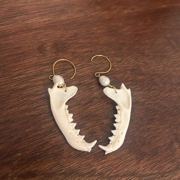 Mink Jawbone Earrings With Real Pearls: Handmade Bone Jewelry - Etsy