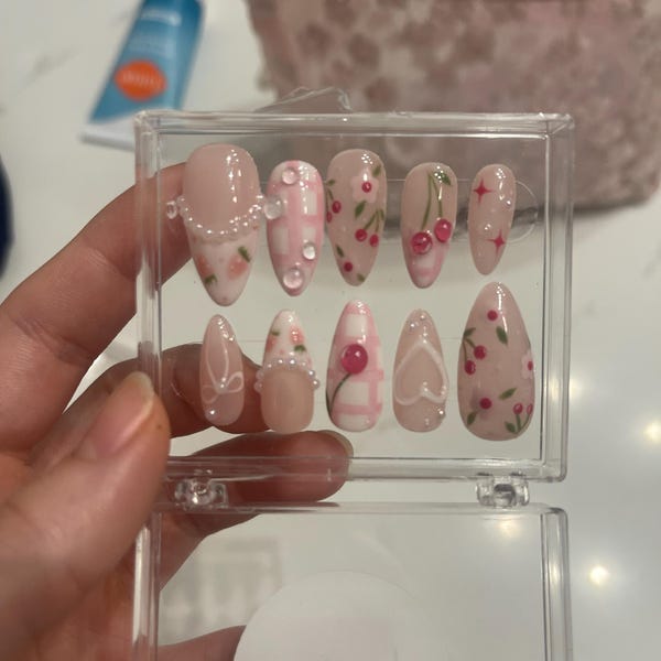 Cute Pink Press-on Nails Featuring Floral, Strawberry, and Cherry ...