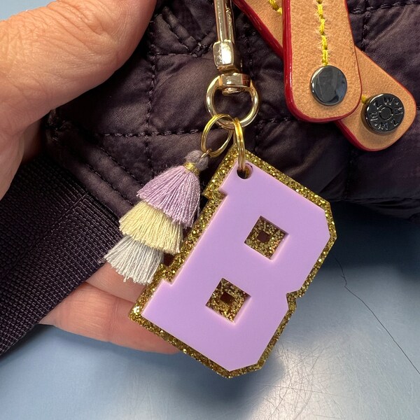 Varsity Letter Keychain With Mini Ombre Tassel | Initial Zipper Pull ...